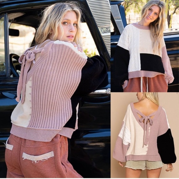 POL | Sweaters | Nwt Pol Colorblock Patch Mixed Knit Balloon Sleeves Cute Bow Tie Back Sweater ...